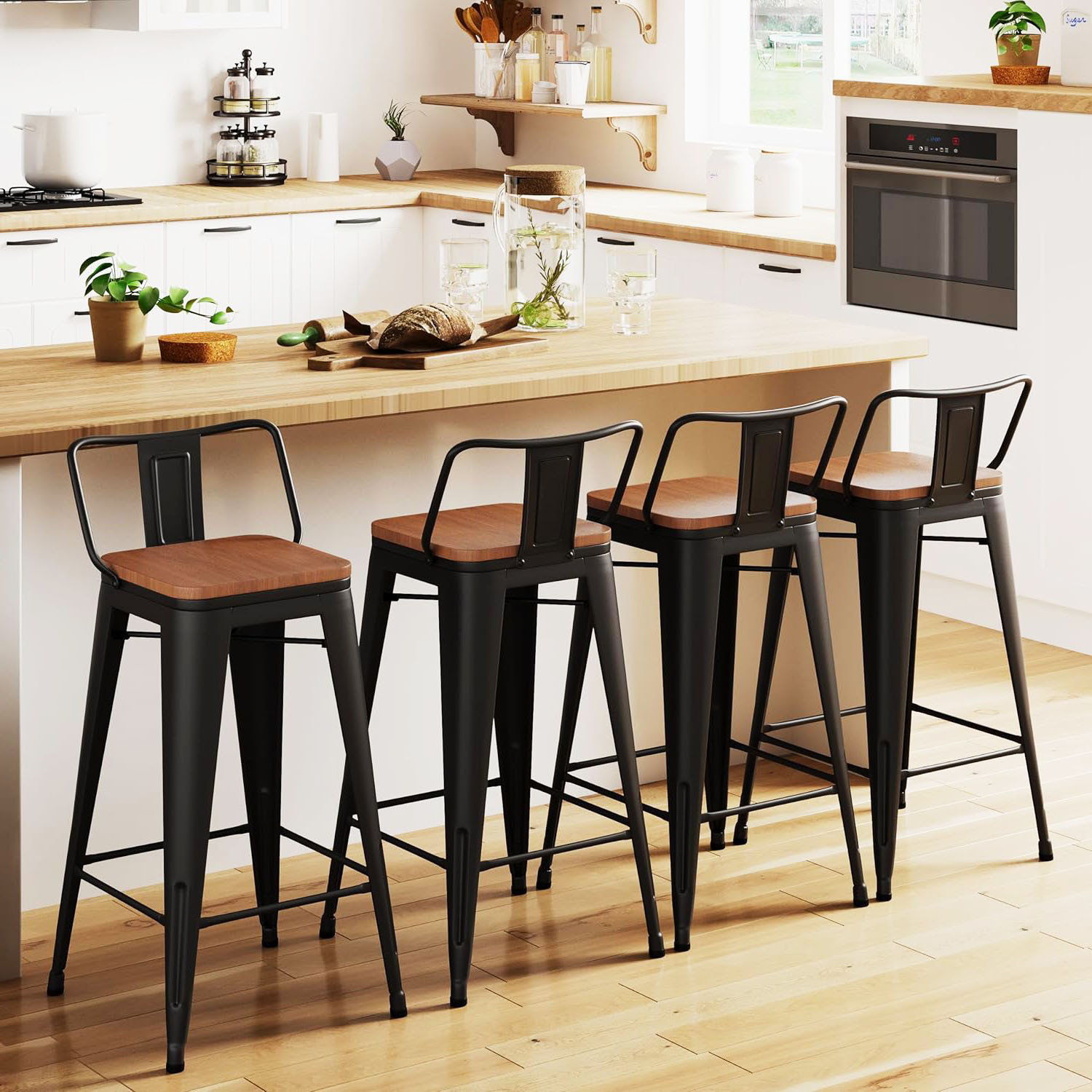 NIHAISHI 24" Low Back Metal Counter Stool Height Bar Stools with Wooden ...